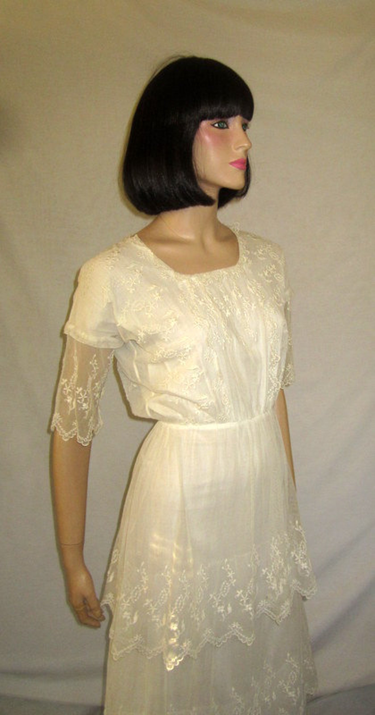 White Edwardian (1901-1919) Tea Gown of Fine Embroidered Netting and ...