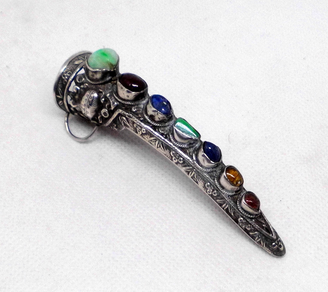 Elaborate Antique Chinese Silver Fingernail Guard With Semi-precious ...