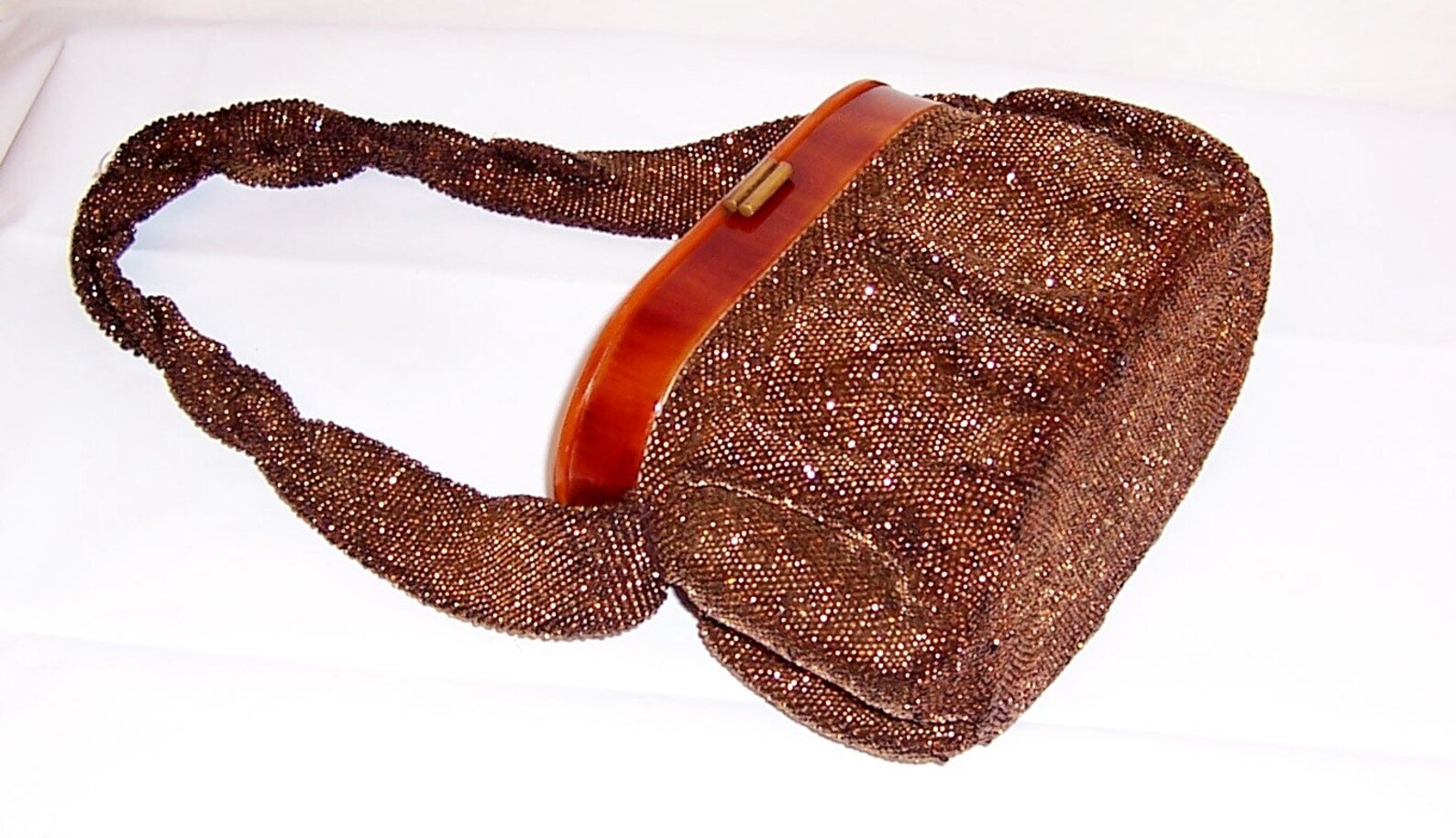 1940's Copper-colored, Glass Beaded, Oval-shaped Handbag With Bakelite ...