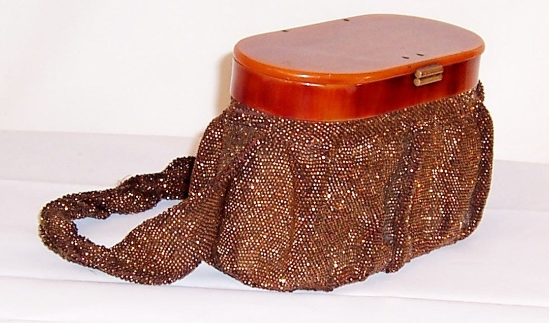 1940's Copper-colored, Glass Beaded, Oval-shaped Handbag With Bakelite ...