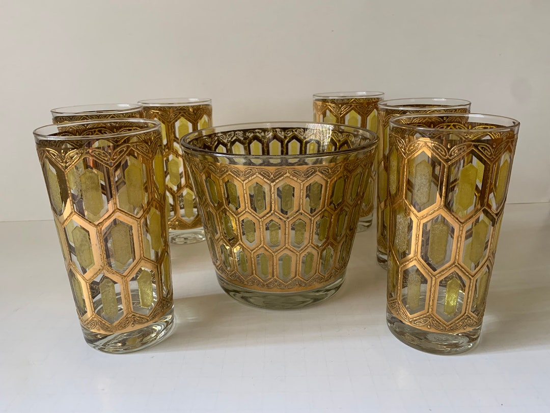 Vintage High Ball / Ice Bucket Set, Mid Century 22kt Gold / Yellow ...
