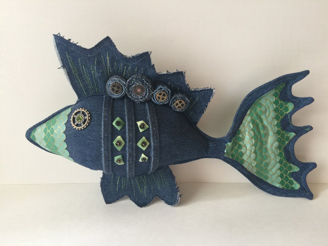 Handcrafted Denim Fish, Recyclyed Denim Soft Sculpture Fish, Handmade ...