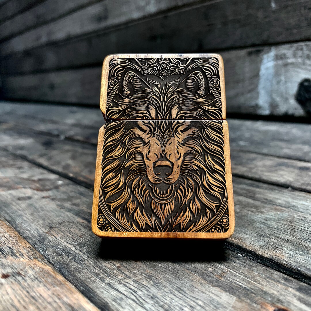 Grey Wolf Java Teakwood Engraved Lighter - Etsy