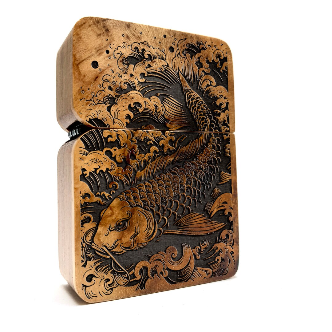 ENGRAVED LIGHTER Koi Fish, Windproof Lighter With Wood Cover, Cigar ...