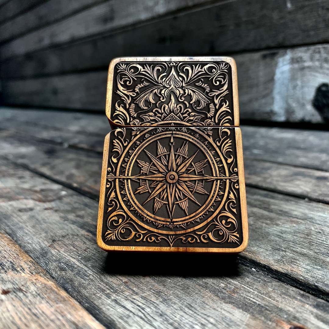 HANDMADE ENGRAVED LIGHTER, Compass Rose Java Teakwood Case, Custom ...