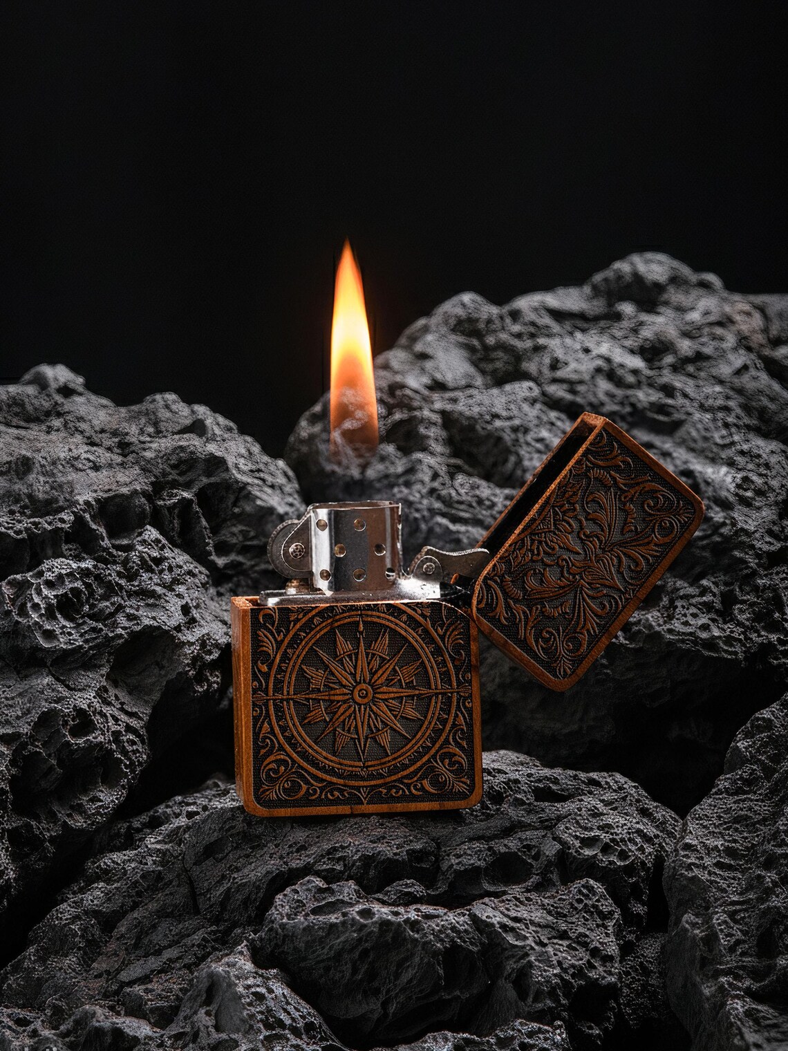 Handmade Engraved Compass Rose Lighter, Teakwood Case, Personalized ...