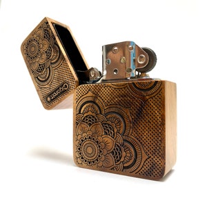 Floral Mandala Java Teak Wood Engraved Lighter - Custom Personalized ...