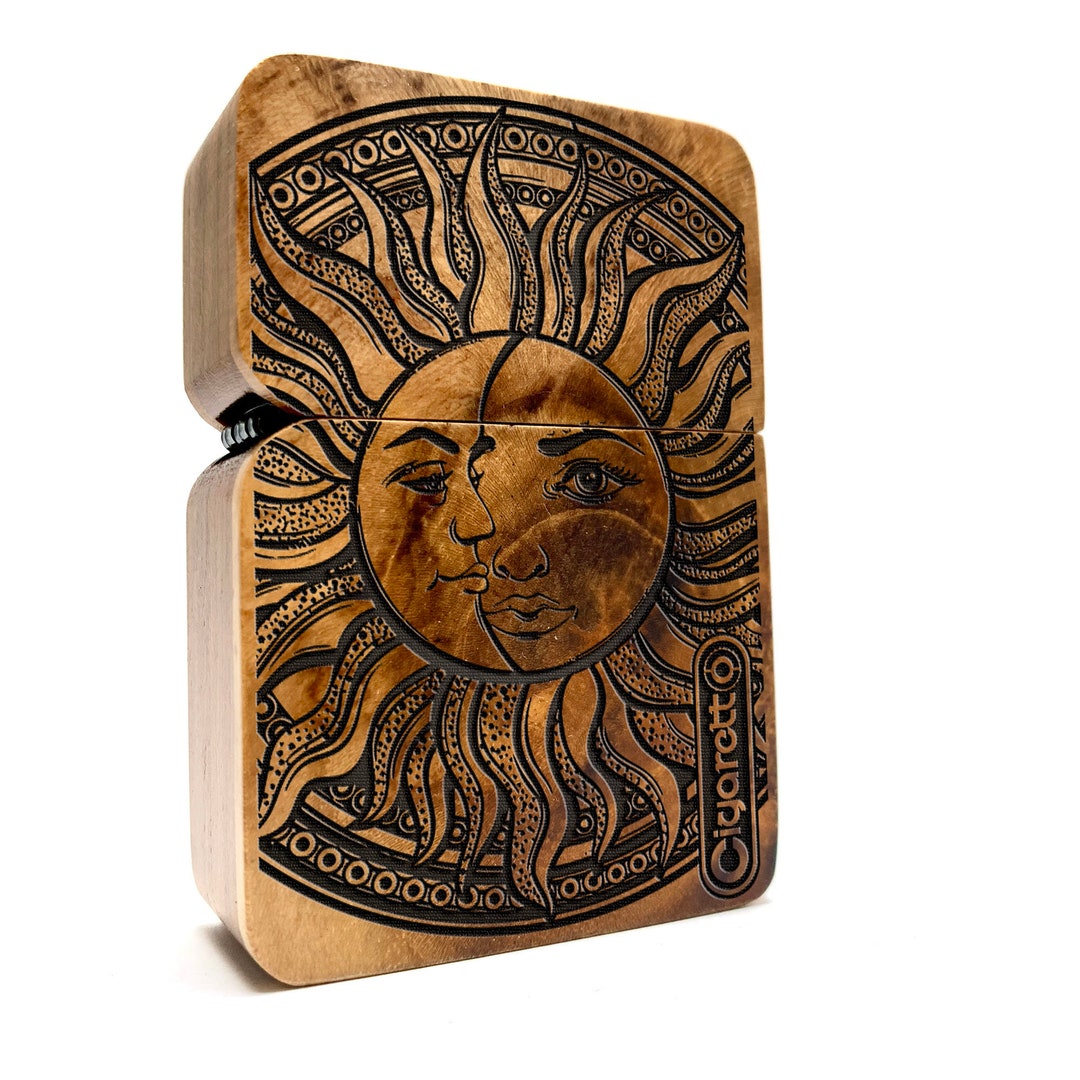 Engraved Teak Wood Lighter: Sun & Moon Design, Windproof - Etsy