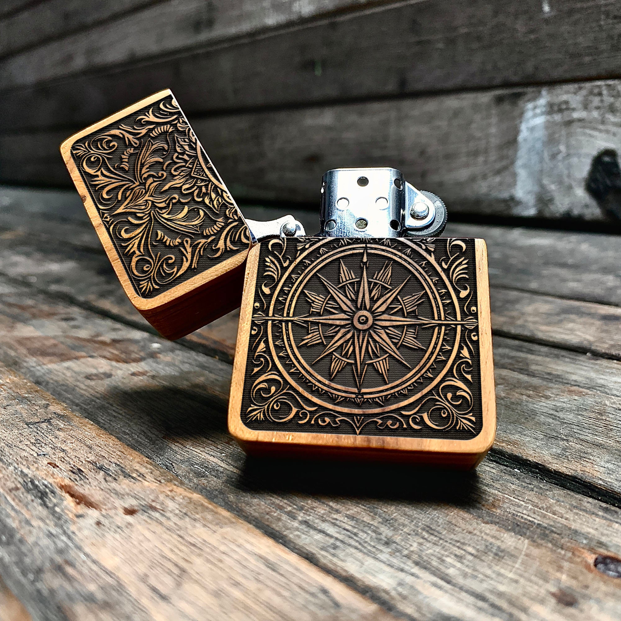 Handmade Engraved Compass Rose Lighter, Teakwood Case, Personalized ...