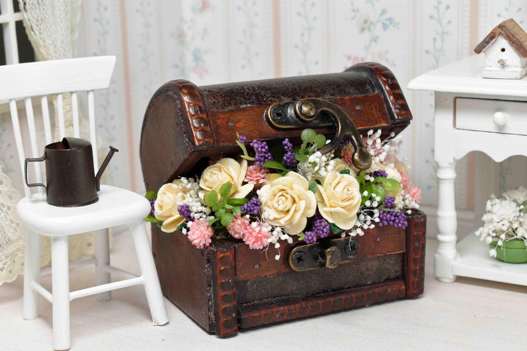 Miniature Treasure Chest Trunk, Ivory Rose Flower Arrangement ...