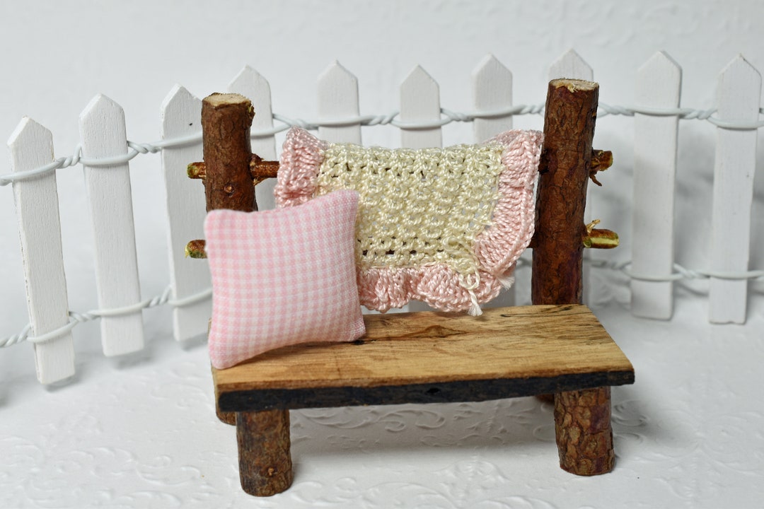Pink Shabby Chic Fairy Bench Set, Pink Blanket Pillow, Fairy Garden ...
