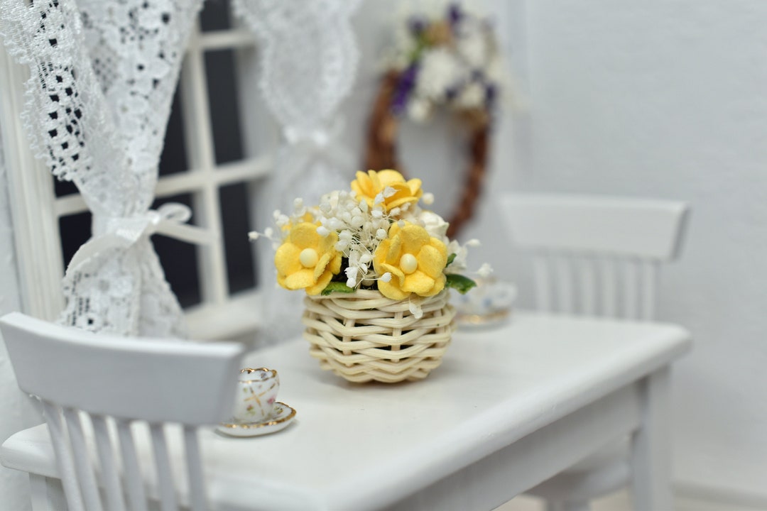 Miniature Yellow Flowers in Wicker Basket: Dollhouse Floral Arrangement ...