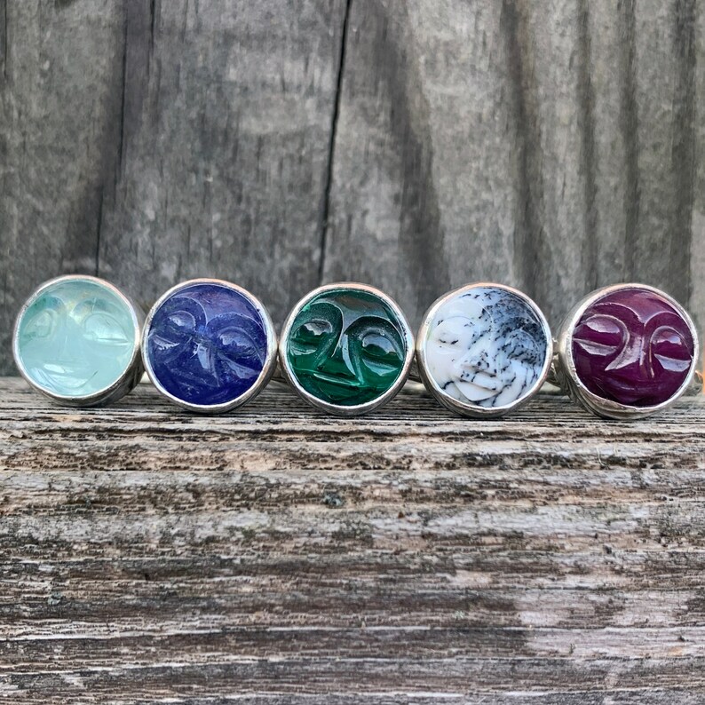 Dendritic Agate Moon Ring - Carved Moon Face Ring - Moon Ring - Red ...