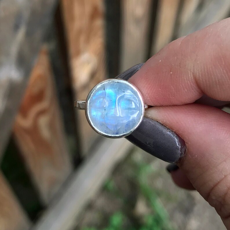 Rainbow Moonstone Moon Ring Carved Moon Face Ring Moon | Etsy