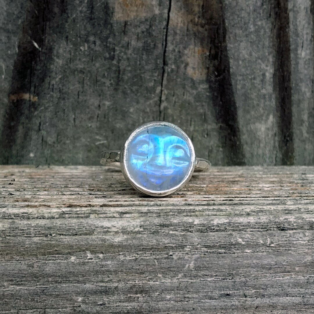 Rainbow Moonstone Moon Ring - Carved Moon Face Ring - Moon Ring - Blue ...