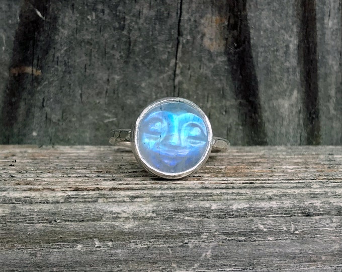 Rainbow Moonstone Moon Ring - Carved Moon Face Ring - Moon Ring - Blue ...