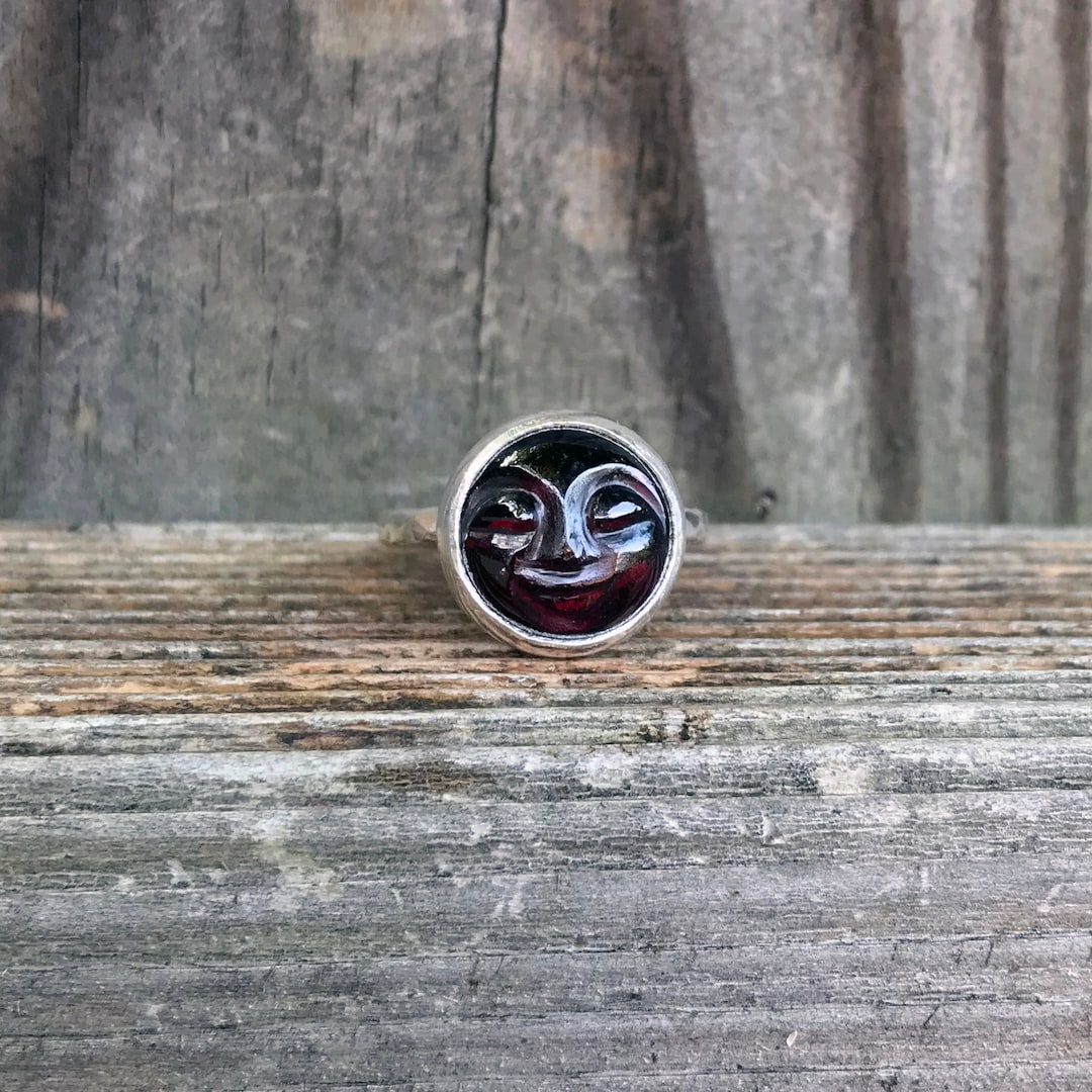 Garnet Moon Ring - Carved Moon Face Ring - Moon Ring - Garnet Ring ...