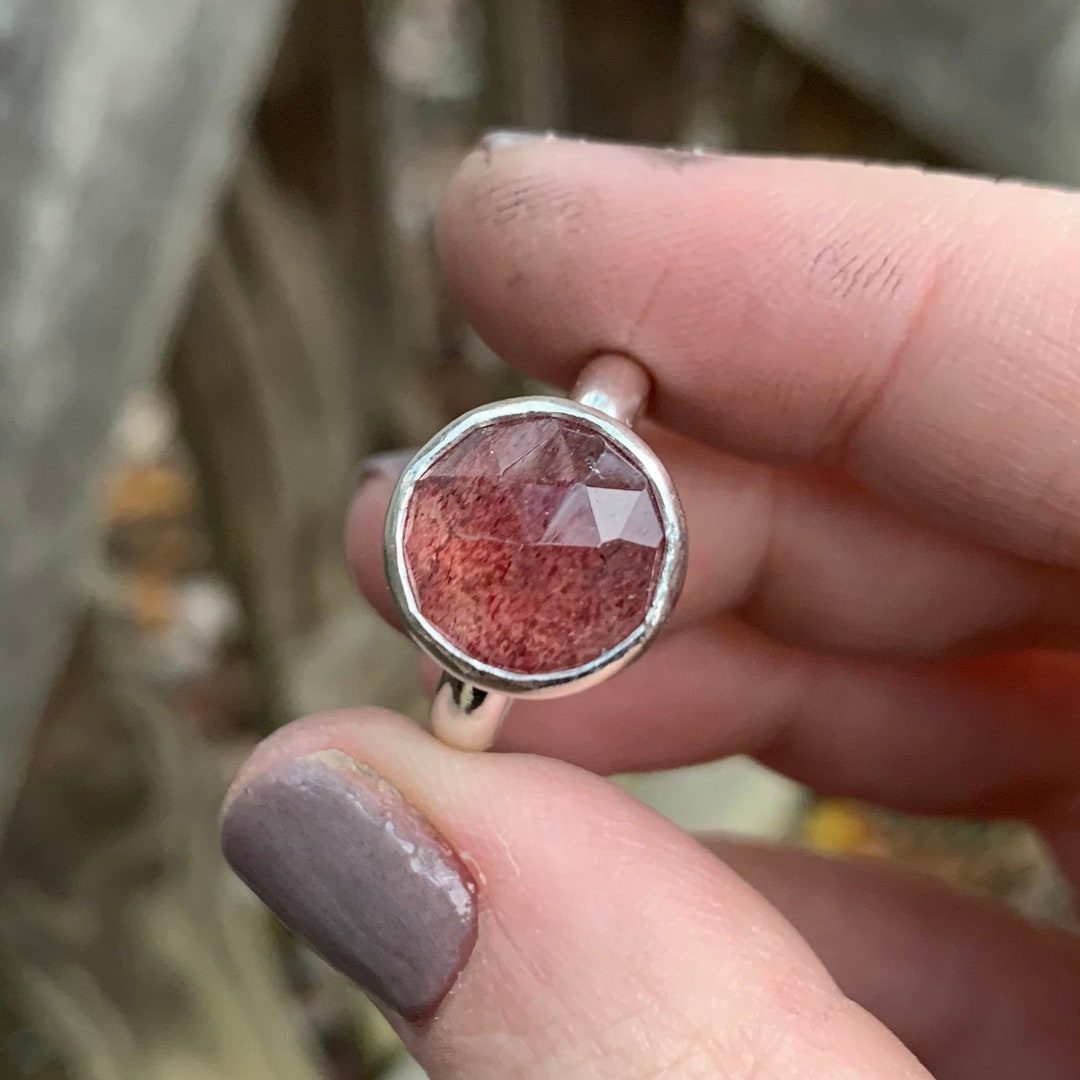 Strawberry Quartz Ring - Round Strawberry Quartz Ring - Sterling Silver ...