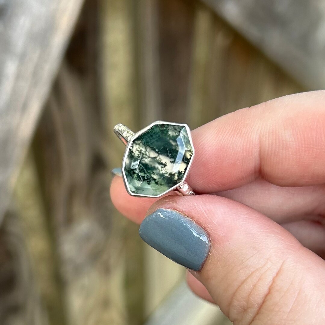 Moss Agate Ring Sterling Silver Moss Agate Ring Cushion Cut Moss Agate ...