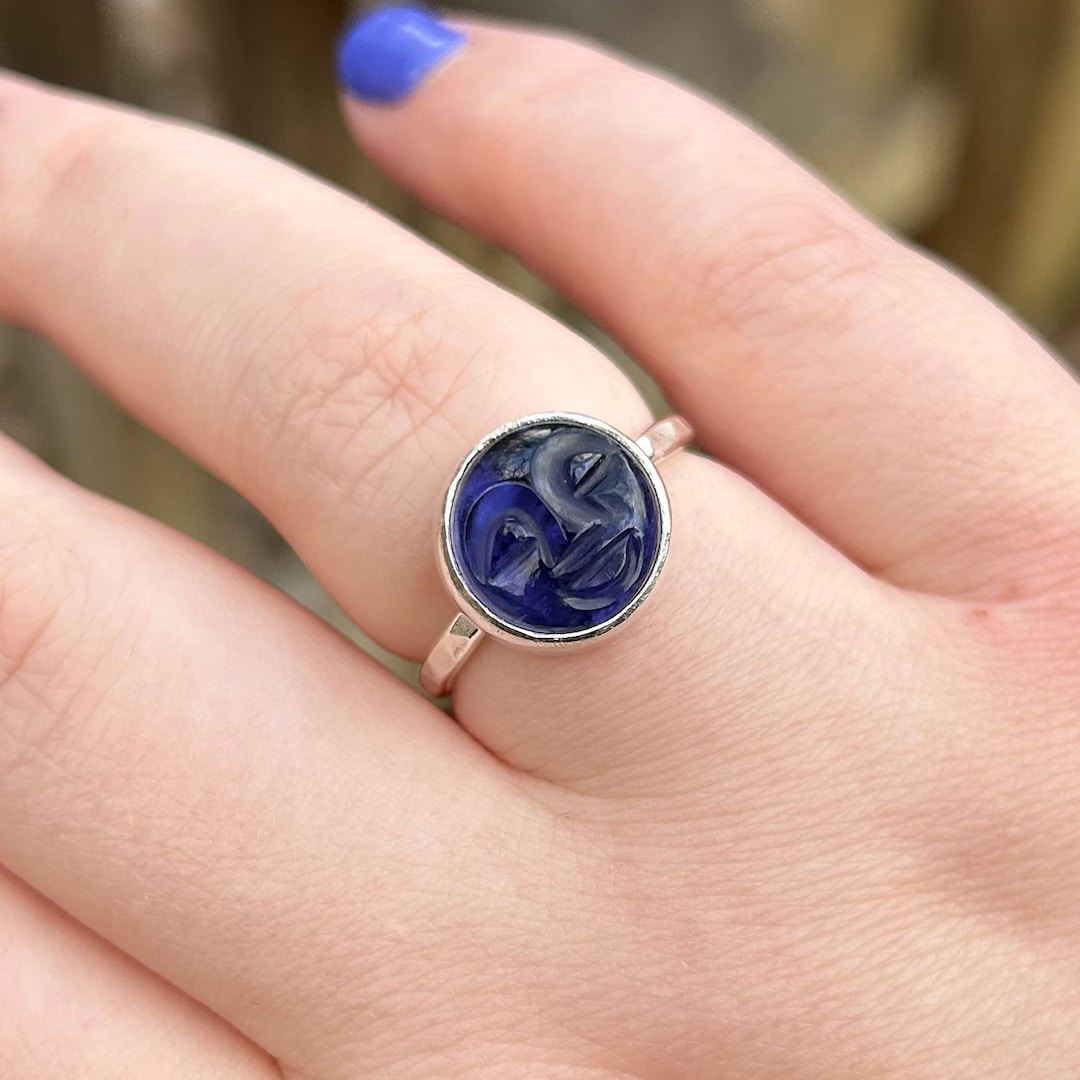 Iolite Moon Ring - Carved Moon Face Ring - Moon Ring - Iolite Ring ...