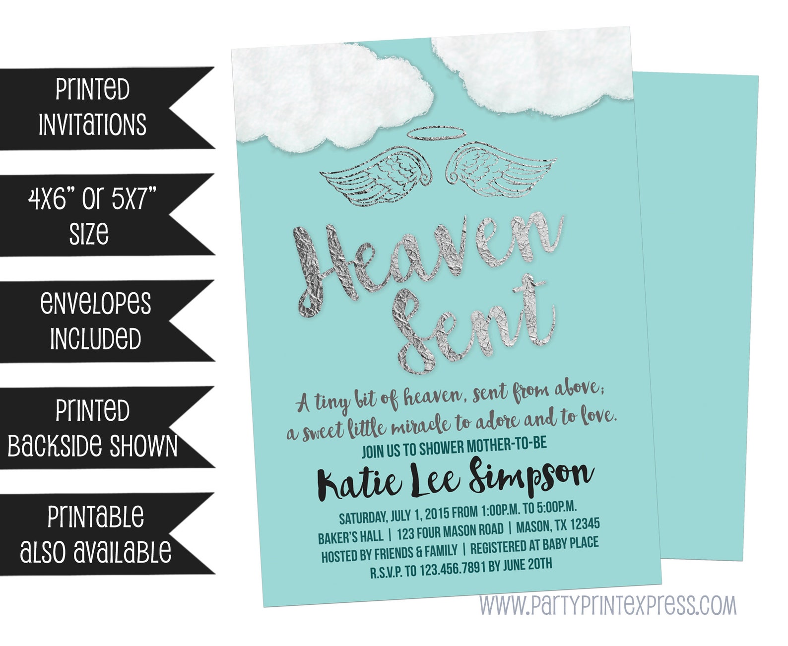 Heaven Sent Baby Shower Invitations Turquoise Silver Gold - Etsy