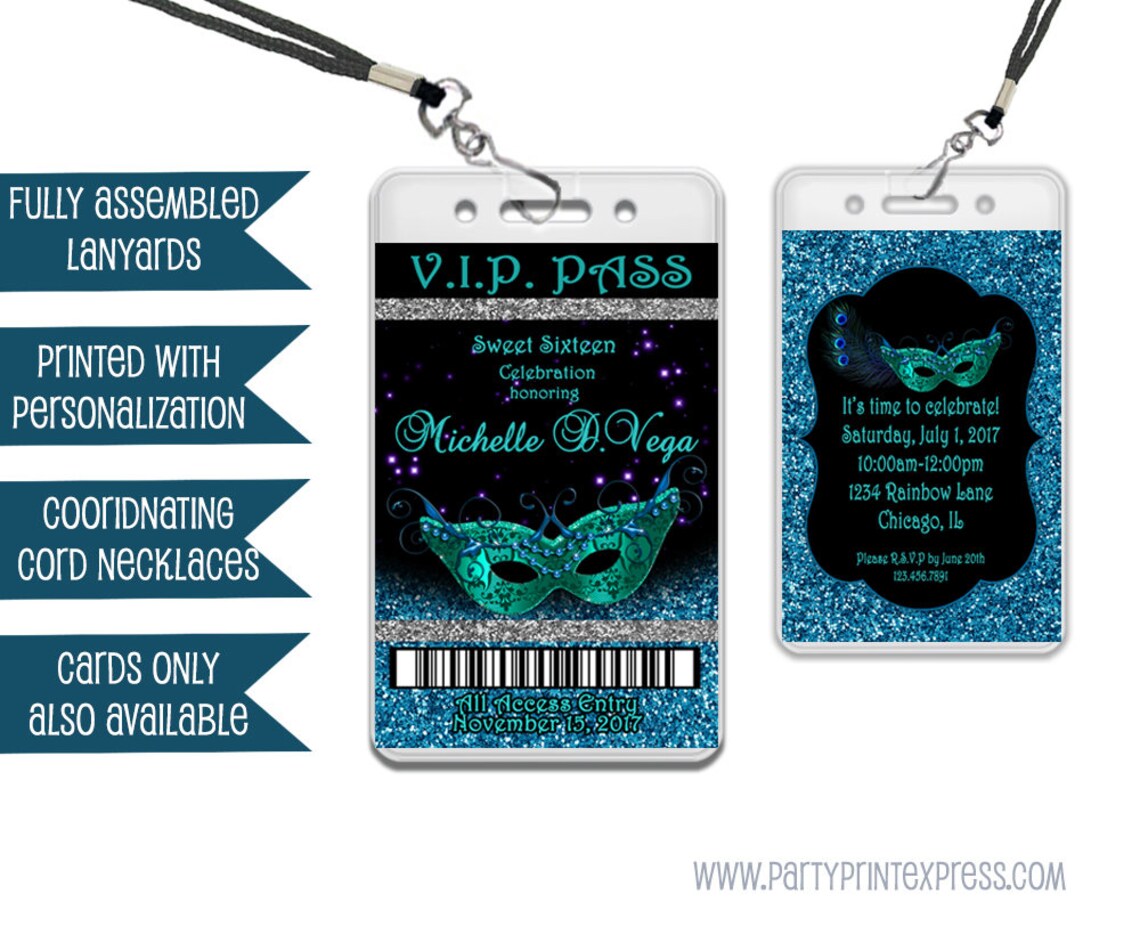 Masquerade VIP Pass Lanyard Invitations Peacock Glitter | Etsy