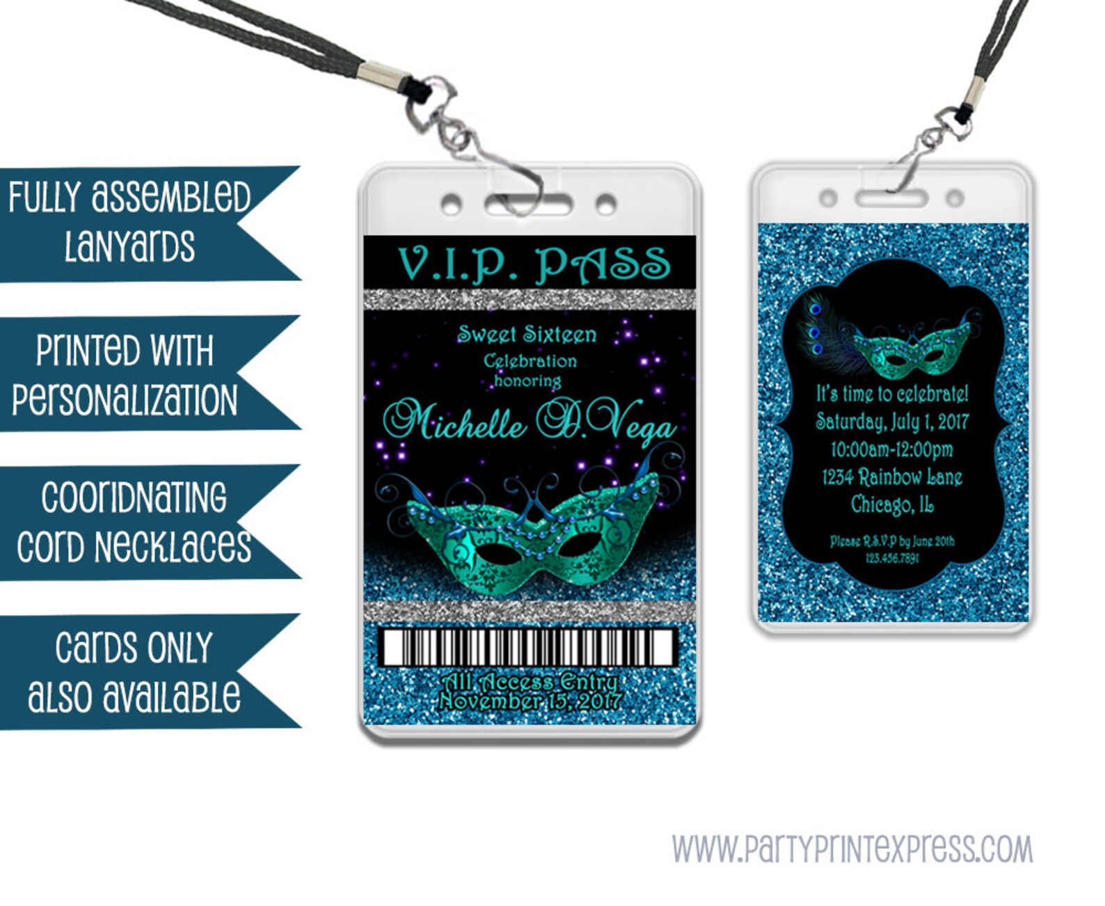 Masquerade VIP Pass Lanyard Invitations Peacock Glitter | Etsy