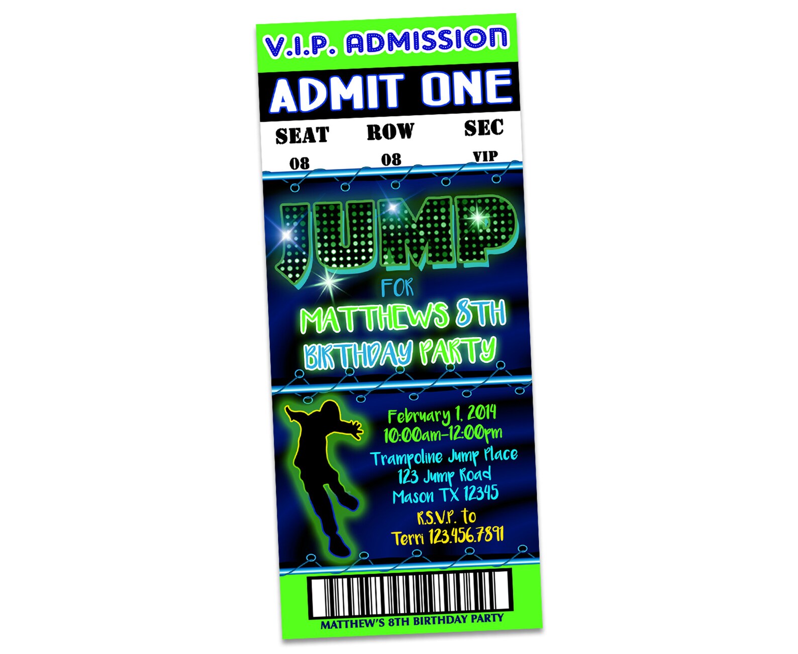 Boys Jump Birthday Admission Ticket Invitation in Neon Green Fun ...