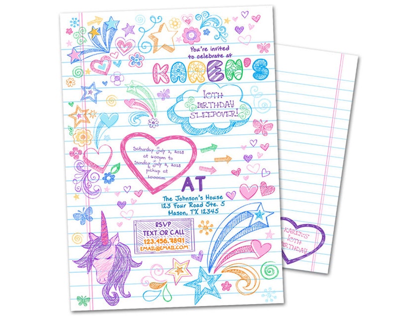 Notebook Doodle Invitation Sleepover Invitations Notebook - Etsy
