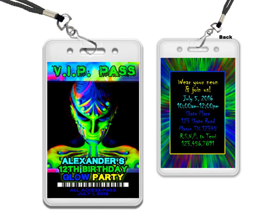 Glow VIP Pass Geburtstagseinladung Schlüsselbänder - Glow Up Rave ...