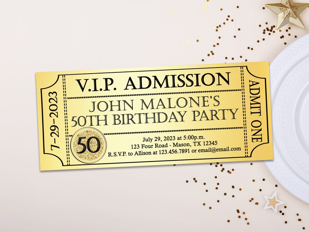 Gold Ticket Birthday Invitations Golden Glitter Party Invites Etsy