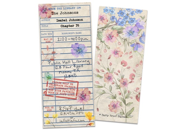 Floral Library Card Birthday Invitations - Womens Book Party - Chapters ...
