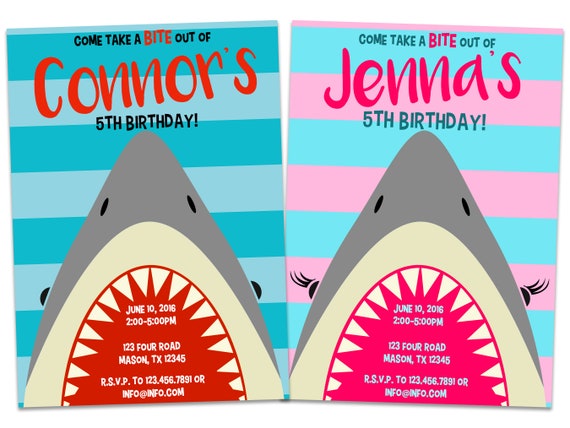 Take A Bite Shark Birthday Invitations - Blue Boy Pink Girl- Summer ...