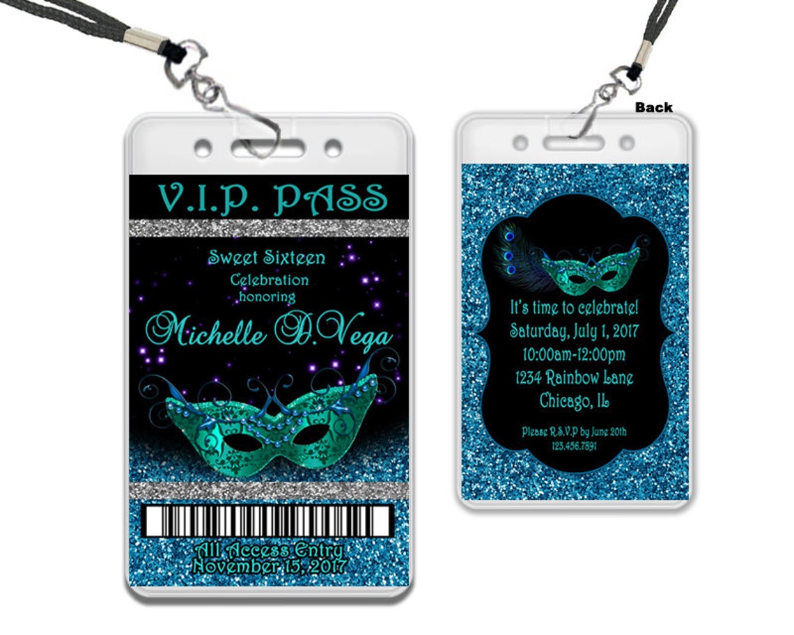Masquerade VIP Pass Lanyard Invitations Peacock Glitter | Etsy