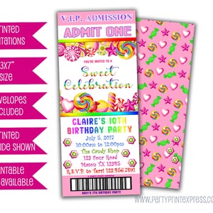 Candy Birthday Invitations Candy Admission Ticket Invites Rainbow Pink ...