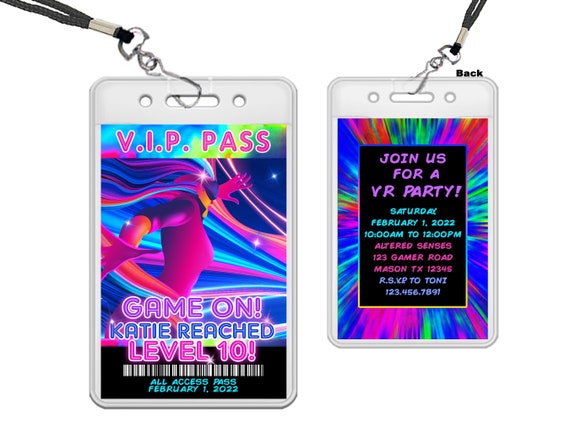 Girls VR Party VIP Lanyard Passes - VIP Pass Invitations Gamer Party ...