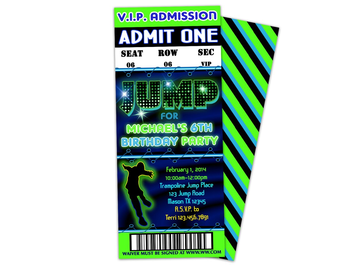 Boys Jump Birthday Admission Ticket Invitation in Neon Green Fun ...