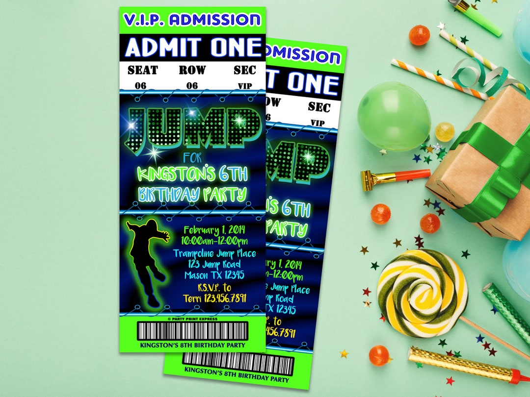 Boys Jump Birthday Admission Ticket Invitation in Neon Green Fun ...