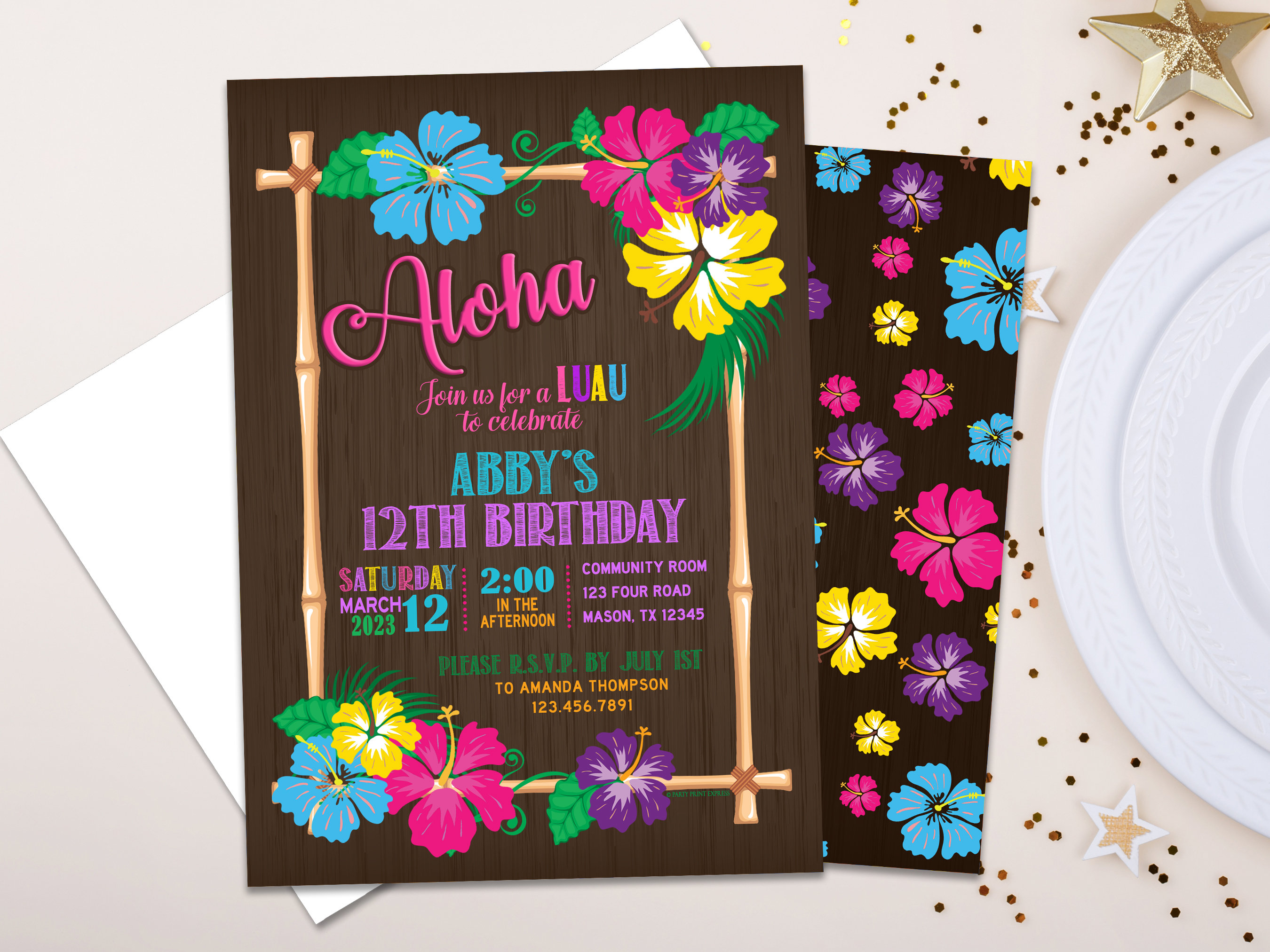 Luau Birthday Invitation - Hawaii Girl Luau Invitations - Pink Purple ...