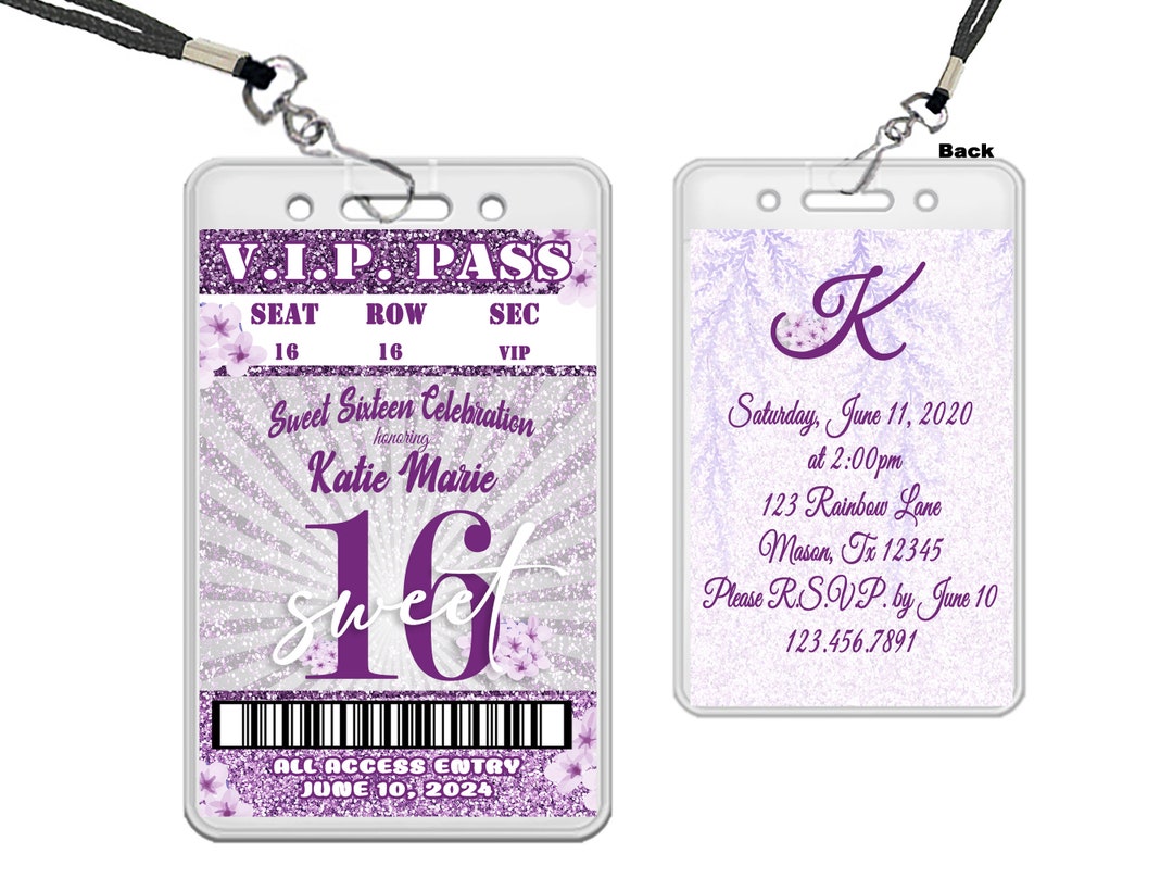 Floral Purple Glitter Sweet 16 VIP Pass Lanyards, Flowers Lavender ...