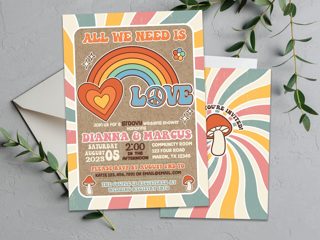 Retro Hippie Bridal Shower Invitations Wedding Invites Need Love Flower ...