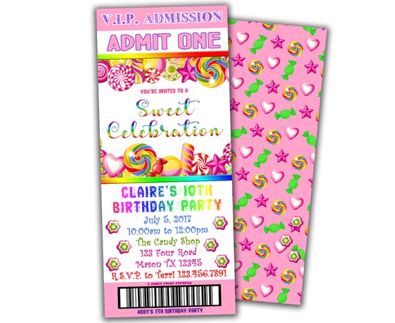 Candy Birthday Invitation - Candy Ticket Invitations - Pink Candy ...