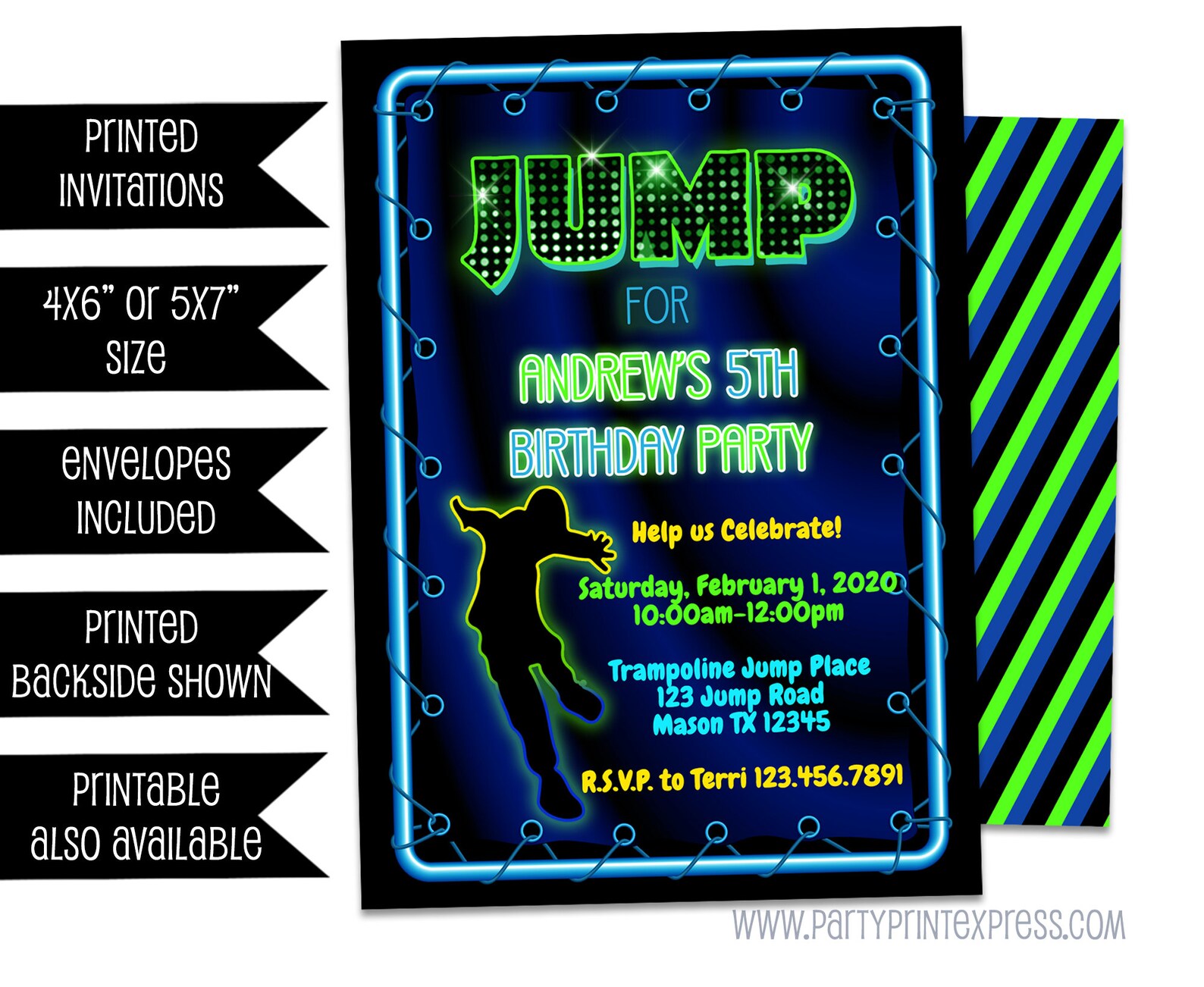 Neon Jump Birthday Invitations Boy Trampoline Invitation for - Etsy