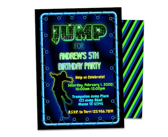 Neon Jump Birthday Invitations - Boy Trampoline Invitation for Sky ...