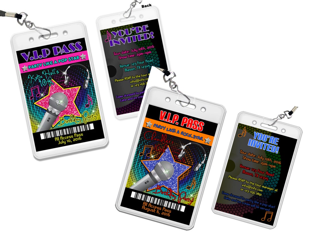Pop Star VIP Pass Lanyard Invitations Rock Star Party Invites Karaoke ...