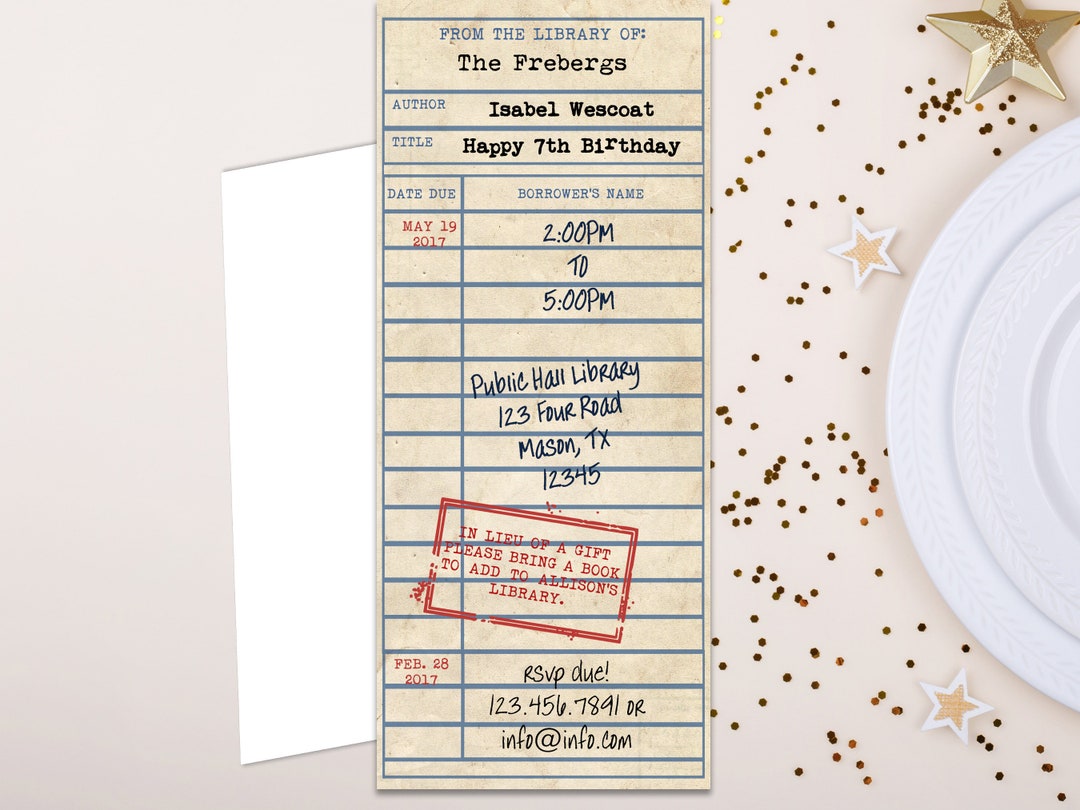 Library Card Birthday Invitations Book Theme Party Invites Build a ...