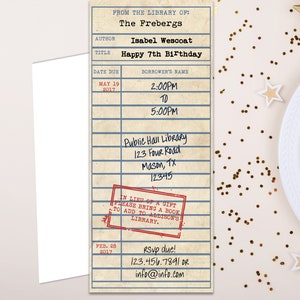 Library Card Birthday Invitations Book Theme Party Invites Build a ...