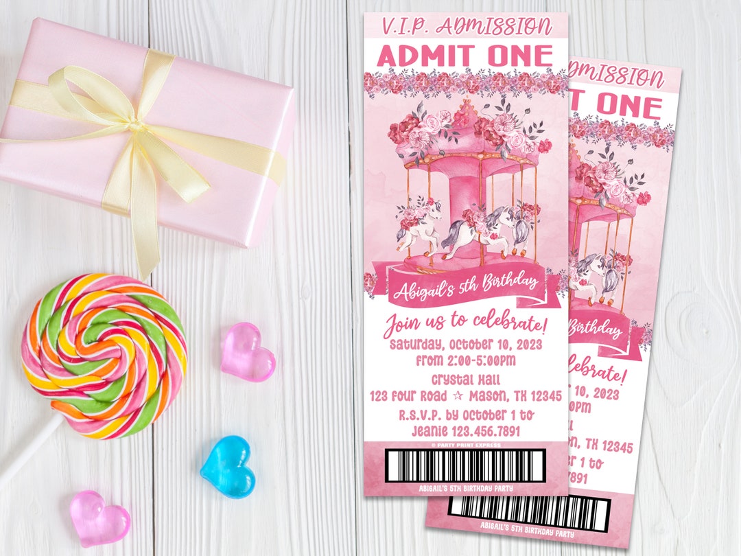 Printable Carousel Ticket Birthday Invitations Pink Ombre Watercolor ...