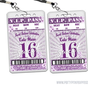 Floral Purple Glitter Sweet 16 VIP Pass Lanyards, Flowers Lavender ...