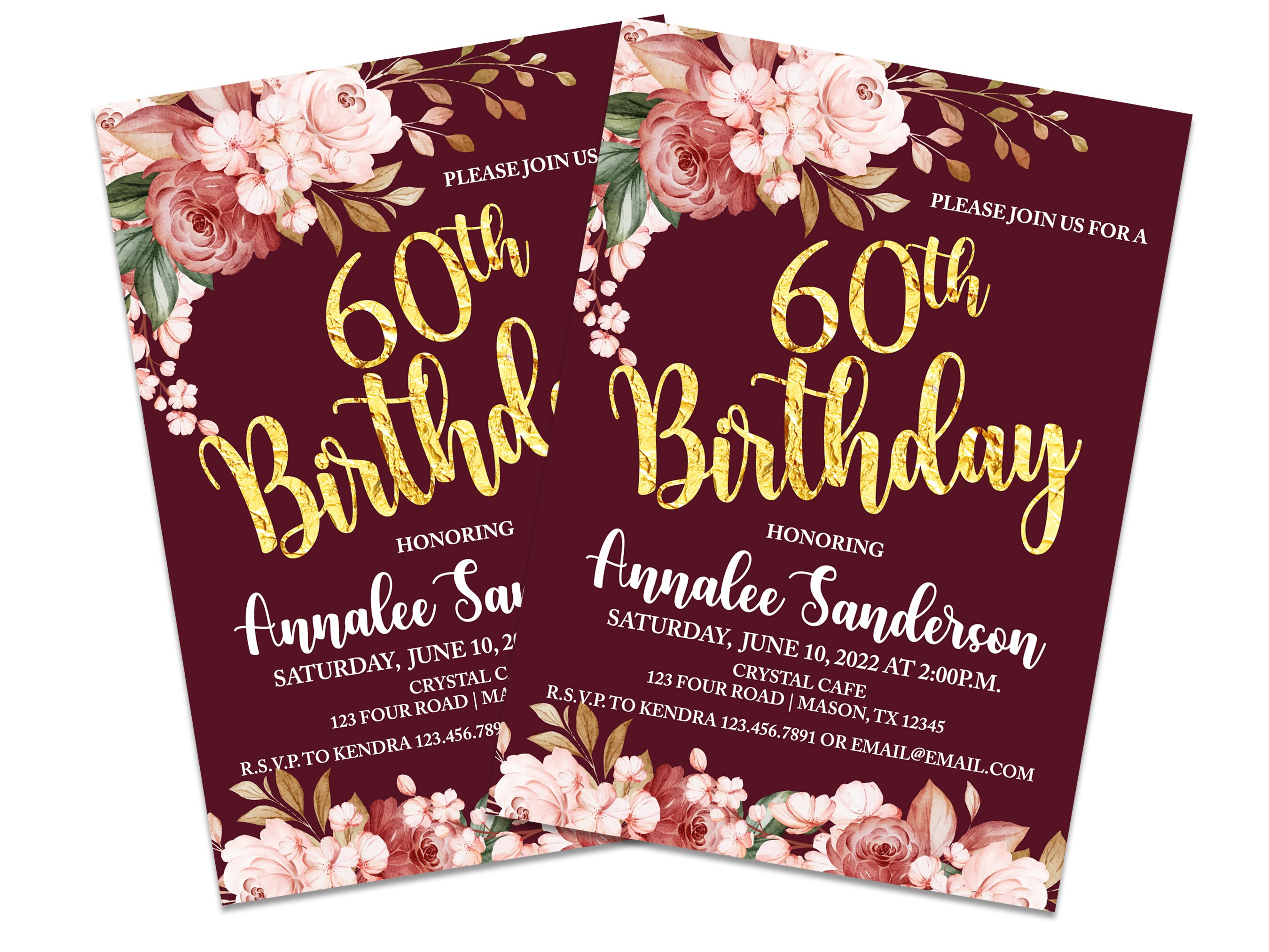 Maroon Red Floral Birthday Invitations - Flowers Women Birthday Invites ...
